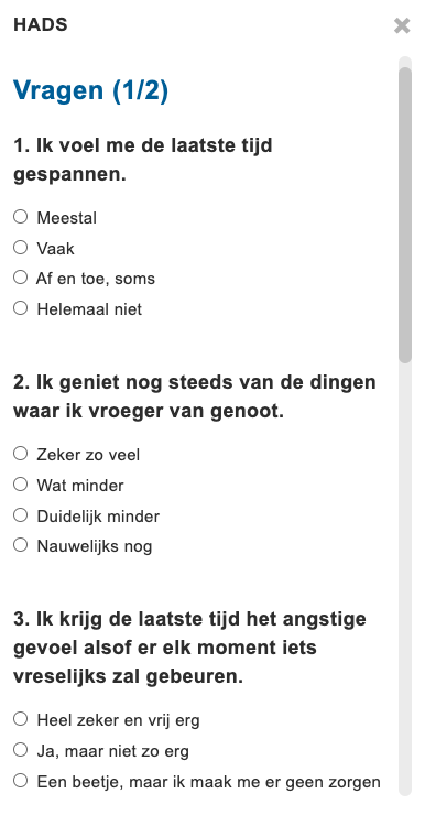 HADS vragenlijst op het platform van Minddistrict